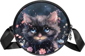 Generic Petit sac &agrave; bandouli&egrave;re rond pour femme, motif fleurs de chat, sac &agrave; dos avec fermeture &eacute;clair, bretelles r&eacute;glables, sac &agrave; main rond d&eacute;contract&eacute; pour 