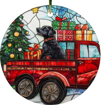Generic Runde Weihnachtsbaumschmuck Roter LKW Mit Weihnachtsschmuck Vom Weihnachtsmann Xmas Keramik Keramik Weihnachten Deko Anh&auml;nger Retro Weihnachten Baum H