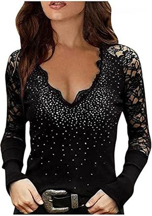 ORANDESIGNE Chemisier Sexy Femme Tunique Haut Manches Longues Évidé Top Automne Blouse Dentelle Chemisier Col V T-Shirt Chic H Noir XXL