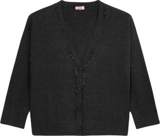 Oltre Femme, Pulls, Gris, Taille: 44 FR Gilet Tricot Fin avec Appliqu&eacute;s