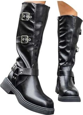 ORANDESIGNE Bottes Femme Cuir PU Botte Haute Style Motard Boots Fermeture &Eacute;clair Lat&eacute;rale et Boucles A Nero 37 EU