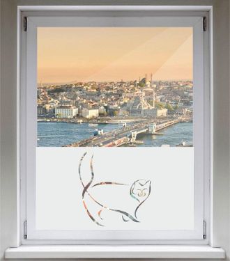 Indigos UG Sichtschutzfolie Glasdekorfolie Fensterfolie mit Motiv satiniert Blickdicht - d312 Fette Katze - 1200 mm L&auml;nge - 500 mm H&ouml;he Viereck - selbstklebend -