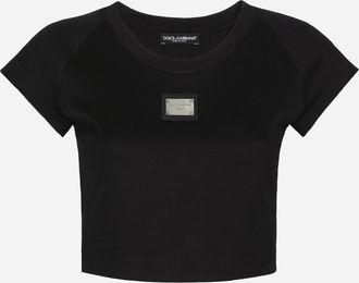 Dolce & Gabbana Cropped-t-shirt Aus Jersey Mit -plakette - Frau T-shirts Und Sweatshirts Schwarz Baumwolle 36