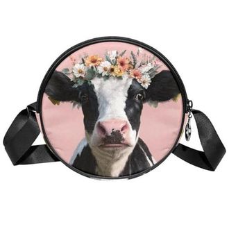 Generic Petit sac &agrave; bandouli&egrave;re circulaire pour femme, motif couronne de vache avec fermeture &eacute;clair, bretelles r&eacute;glables, sac &agrave; main rond d&eacute;contract&eacute; pour fe