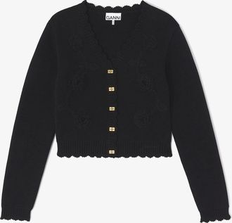 Ganni Schwarze Strickjacke mit H&auml;kelapplikation - Gr&ouml;&szlig;e XXS schwarz