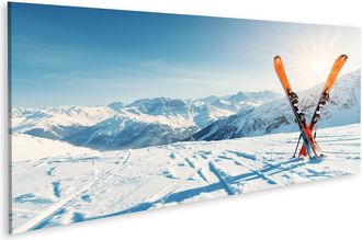 Islandburner Bild auf Leinwand Paar Ski auf schneebedecktem Berggipfel Alpenpanorama strahlender Sonnenschein Blauer Himmel Bilder Wandbilder Poster