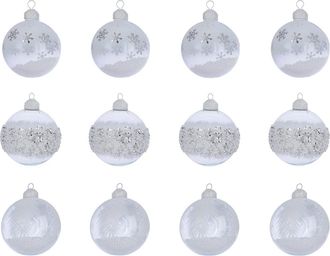 Decoris Weihnachtskugeln mit Motiven Glas 8cm x 12 St&uuml;ck gef&uuml;llt Glitzer Christbaumkugeln klar wei&szlig;