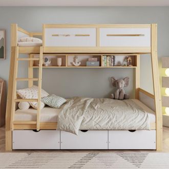 Liberte Lit superpos&eacute; enfant 90x200 cm avec 3 tiroirs sur roulettes, &eacute;tag&egrave;re et &eacute;chelle, pin et MDF, blanc + naturel