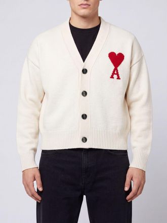 Ami Cardigan en laine &agrave; col V avec logo contrastant