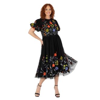 Maya Midikleid f&uuml;r Damen, Rundhalsausschnitt, Puff&auml;rmel (Schwarz)