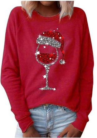 Generic Pull de Noël pour femme - Col rond - Élégant - Imprimé verre à vin rouge - Pull de Noël - Hiver - Beau costume de Noël pour adolescentes et filles, 03