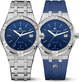 Maurice Lacroix Aikon Qartz Date 40mm, Quarzwerk,Blau, inklusive Ersatzarmband, Kautschuk und Edelstahl Herrenuhr AI1108-SS00F-430-C