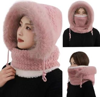 Generic Bonnet 3 en 1 avec &eacute;charpe et masque pour femmes, bonnet tricot&eacute; chaud pour lautomne et lhiver, &eacute;charpe balclava coupe-vent et &eacute;charpe doubl&eacute;e en pola