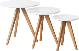 home24 Beistelltisch-Set 3-teilig aus MDF & massiver Eiche in Wei&szlig;/Eiche, Lackierte Massivholzbeine mit technischer Satztisch-Funktion, Variable Ablagefl&auml;che