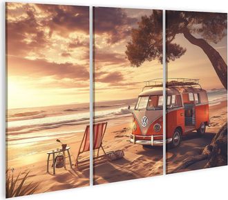Islandburner Bild auf Leinwand Sonnenuntergang am Strand mit Kult Bus für Wohnzimmer Strandliebhaber Surfshop Bilder Wandbilder Poster