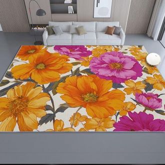 Generic Jaune Tapis pour Salon 160 x 230 cm, Lavables avec Dos Antid&eacute;rapant, Tapis &agrave; Poils Courts Imprim&eacute; Campagne Vintage Fleurs pour Cuisine Salle &agrave; Manger 