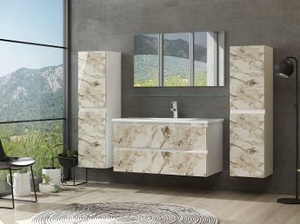 Home Line Badm&ouml;bel Set mit Schubladen Glas ablage (Diana Weiss Weiss-Marmor, 90 cm 2X Hochschrank)