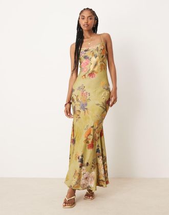 Asos Robe longue satin&eacute;e &agrave; godet avec imprim&eacute; fleurs-Multicolore