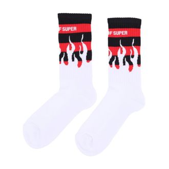 Vision Of Super Vision OF Super, Homme, Sous-vêtements, Blanc, Taille: ONE Size Chaussettes Brodées Flammes Blanc/Rouge/Noir