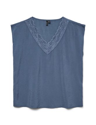 Vero Moda Damen Vmsafa Sl V-Neck Lace Top WVN Ga Noos, China Blue, Medium
