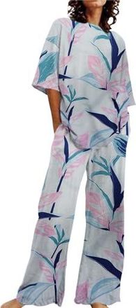 Generic Pyjama Femme Sexy Chic Tenues dété pour Femmes, Ensemble 2 Coton et Lin, t-Shirt surdimensionné, Pantalon à Jambe Droite, survêtement Grande Taille Nu