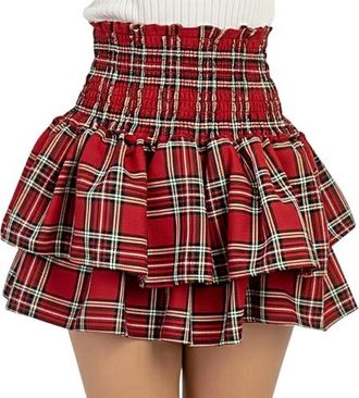 Janisramone Mini jupe pliss&eacute;e &agrave; volants RARA pour femme - Taille haute &eacute;lastique - Motif tartan - Pour les tenues d&eacute;contract&eacute;es et les f&ecirc;tes - Taille 36-42, Rouge