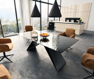 DELIFE Esstisch Edge 200x100 Reliefglas Rauchschwarz 3D-Design V-Gestell Flachstahl Schwarz, Esstische