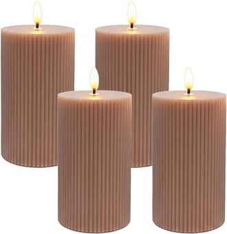 Relaxdays LED Kerzen, 4er Set, HxD: 13 x 7,5 cm, flackernde Flamme, Echtwachs, Rillen, flammenlose Blockkerzen, Altrosa