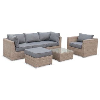 Sweeek Salon de jardin haut de gamme en r&eacute;sine tress&eacute;e arrondie VINCI 5 places Naturel / Gris fonc&eacute;