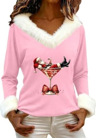 Generic Sweats de No&euml;l &agrave; col en V en Fausse Fourrure pour Femme, Chemisiers dhiver d&eacute;contract&eacute;s Confortables et Chauds avec col en Peluche imprim&eacute; P&egrave;re No&euml;l &agrave;