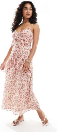 New Look Midikleid in Creme mit Blumenmuster und R&uuml;schen-Wei&szlig;