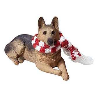Sandicast Deutscher Schäferhund mit rotem und weißem Schal, Weihnachtsdekoration