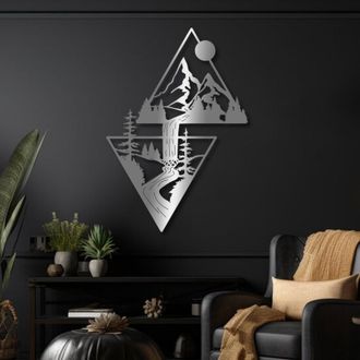 Generic Metall-Wandkunst, Wanddeko Berg, Berg, Wasserfall und Wald, Berg-, Wasserfall-Dekor, Walddekor, Natur, Wohnzimmer (Silber, 39 x 56 | 100 x 144 cm)
