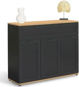 IDMarket Buffet 100 cm VITO 3 Portes et 1 tiroir Noir et Plateau Bois