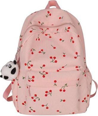 Generic Sac à dos en velours côtelé pour étudiante, sac décole à motif cerise pour filles, sac à dos tendance simple et décontracté avec fermeture éclair, sac