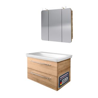 Fackelmann Milano Badm&ouml;bel Set 3 Teile - Waschtisch mit Unterschrank und Spiegelschrank in Holz braun - Waschbeckenunterschrank - Alibertschrank mit LED-Beleucht