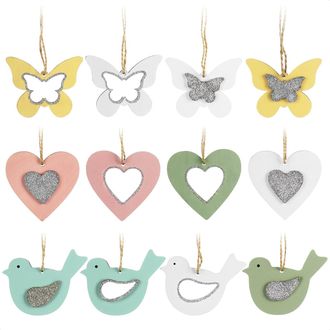 Com-Four 12x Dekoaufh&auml;nger aus Holz mit Glitzer - Schmetterling, Herz und Vogel zum Aufh&auml;ngen - Fr&uuml;hlingsdekoration (12 St&uuml;ck - 5 Farben)