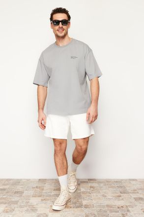 Trendyol MAN Herren Grau Slogan Kurz Oversize T-Shirts
