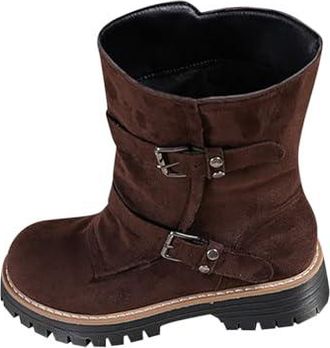 Generic Bottines d&eacute;contract&eacute;es &agrave; bout rond pour femme - Boucle de couleur unie - Talon bas et &eacute;pais - Confortable - Coupe large - Pour lautomne et lhiver, caf