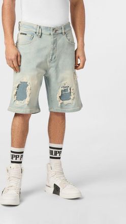 Philipp Plein Short cinq poches en denim vieilli avec effet us&eacute;