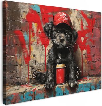 MuchoWow © Bild auf Leinwand 70x50 cm Schlafzimmer Bilder Badezimmer Wand Deko Wohnzimmer Modern Wanddeko Bilderwand Geschenk Graffiti - Hund - Welpe - Street 