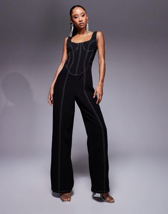 Asos Strukturierter Jumpsuit in Schwarz mit Korsettdetail und Ziernaht