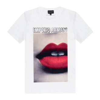 Emporio Armani Wei&szlig;e Kurzarm-T-Shirt mit Wildleder-Effekt Applikation und Logo-Schriftzug - - Tops - Damen - Wei&szlig; - 2XS