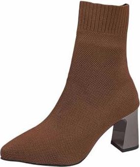 Generic Bottines pour femme en tricot extensible - Couleur unie - Bout pointu - Talon bloc - Confortables - Classiques - &Eacute;l&eacute;gantes et d&eacute;contract&eacute;es, caf&eacute;, 37 