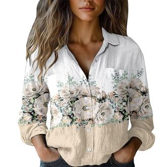 Generico Chemise Femme Curvy &agrave; Manches Longues Blouse Coton Et Lin D&eacute;contract&eacute; Respirant T Shirt Col en V Mode Chemisier Vintage Fantaisie avec Boutons Doux Ch