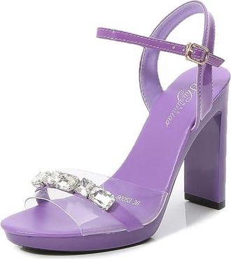 Generic Violet,40 EU,Sandales à Talons Hauts pour Femmes, Bride à la Cheville, Plateforme épaisse, Strass, Chaussures habillées pour Bal de Promo, soirée dans
