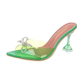 Generic Sandales &agrave; talons hauts en PVC transparent avec noeud et strass, vert, 37 EU