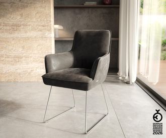 DELIFE Esszimmerstuhl Heira-Flex mit Armlehnen Mikrofaser Anthrazit Vintage Kufengestell Edelstahl Taschenfederkern, Esszimmerst&uuml;hle