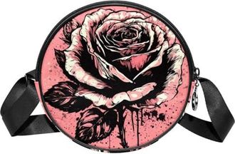 Generic Sac &agrave; bandouli&egrave;re Circle pour femme, petit sac &agrave; bandouli&egrave;re rose noire avec fermeture &eacute;clair, bretelles r&eacute;glables, sac &agrave; main rond d&eacute;contract&eacute; pour f