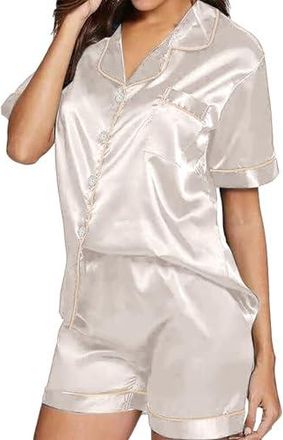 Generic Pyjama Doux Femme Pyjama Femme Soie Satin Short Ensemble 2 Pi&egrave;ces pour Short en Satin Boutonn&eacute; Col Crant&eacute; &agrave; Volants V&ecirc;tements De Nuit Combi Ensemble F